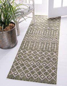 unique loom outdoor trellis collection area rug - tribal trellis (2' x 8' runner, green/ natural)