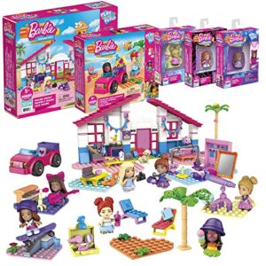 mega barbie malibu building sets bundle, 440 bricks and pieces with fashion and roleplay accessories, 7 micro-dolls, 1 puppy, 2 birds and 2 turtles, toy gift set for ages 4 and up