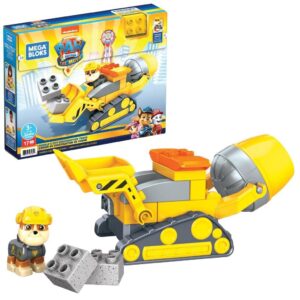 mega bloks paw patrol toddler building blocks toy car, rubble's city construction truck with 17 pieces, 1 figure, for kids age 3+ years