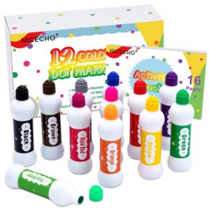 nicecho dot markers kit, 12 colors washable fun art marker for toddlers, bingo daubers for preschool children, dab paint marker set coloring supplies including activity book