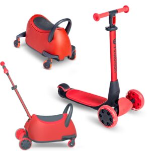 yvolution luna ride on scooter with removable storage trunk & seat, 3-in-1 kick scooter with led light-up wheel lights, adjustable height push bar for kids age 10 months to 10 years(red)