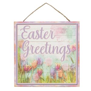 pastel tulips easter greetings sign - 10" x 10", wreath, swag, garland, home, kitchen, patio, door, storefront, spring, flowers, church, porch, garden