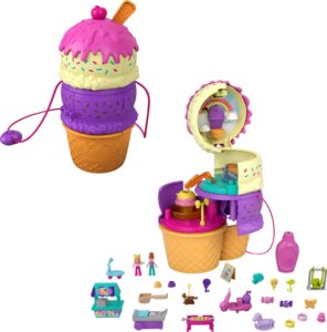 polly pocket 2-in-1 travel toy playset, spin 'n surprise ice cream cone with micro polly & lila dolls & 25 accessories