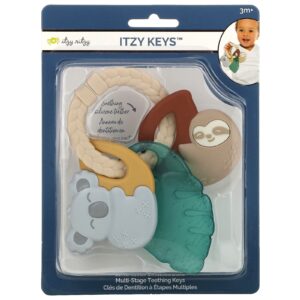 itzy ritzy teething keys baby teether toy - features a braided texture ring & keys, includes a water-filled leaf-shaped teether & silicone sloth & koala teething toys, ideal for ages 3 months & up