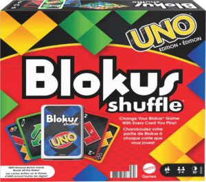 mattel games blokus shuffle uno edition strategy board game, family game with colorful pieces and uno-themed action cards