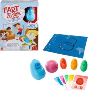 mattel games fart and go seek kids game, indoor & outdoor hide & find activity game with electronic farting beans