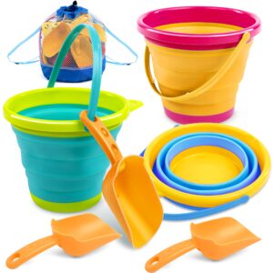 joyin 3 packs foldable pail bucket with shovels & mesh bag, collapsible buckets multi purpose for beach, camping gear, beach party, fishing, and fun summer activities (yellow/blue/green)