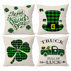 sibosun st patricks day pillow covers 18x18 inch set of 4 clover black and green buffalo plaid shamrock decorative throw pillowcase lucky clovers linen cushion case for home couch sofa decorations