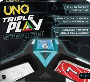 mattel games uno triple play card game for family night with 3 discard piles, lights & sounds, special stealth mode