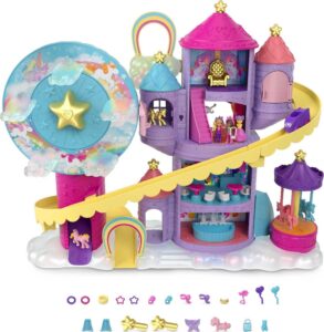 polly pocket dolls & playset, rainbow funland theme park with 2 unicorns, polly & shani micro dolls, 25 surprise accessories