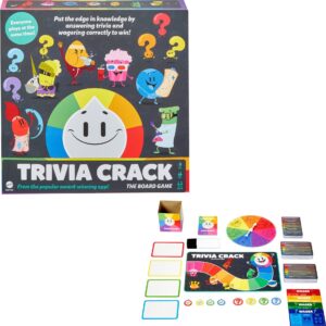 mattel games trivia crack the board game based on trivia app game with question cards, wager tokens & powerup cards