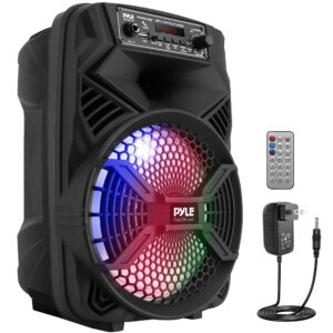 portable bluetooth pa speaker system - 300w rechargeable indoor/outdoor bluetooth portable pa system w/ 8” subwoofer 1” tweeter, microphone in, party lights, mp3/usb, radio, remote - pyle pphp836b