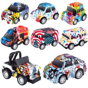 pull back cars, 8 pack graffiti style metal friction powered die-cast cars trucks playset, toys pull back vehicles for kids boys girls toddlers, toy cars party favors for 3-14 year old children, 8pcs