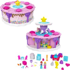 polly pocket 2-in-1 playset, unicorn toy with 2 micro dolls & 25 surprise accessories, birthday cake countdown