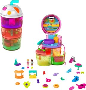 polly pocket 2-in-1 travel toy playset, spin 'n surprise smoothie with micro polly & lila dolls, plus 25 accessories