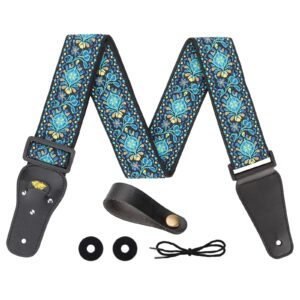 neuschwan adjustable electric guitar strap/acoustic guitar strap/bass strap-cotton jacquard embroidered genuine leather ends guitar straps with 1 pick holder, free bonus 2 silicone strap locks, blue