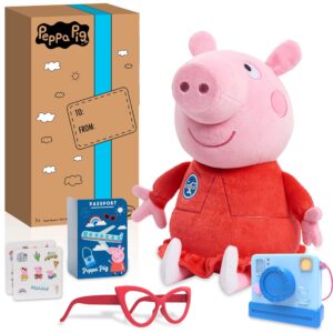 peppa pig 13.5-inch tourist peppa pig plushie stuffed animal, pig, light up camera, kids toys for ages 3 up, amazon exclusive by just play