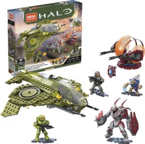 mega halo infinite toy building set, unsc wasp onslaught aircraft with 406 pieces, 4 poseable action figures and accessories, for collectors