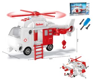 mcnick & company toy helicopter - diy educational fire department search & rescue medical helicopter toy for kids - battery-powered, lights & sounds kid assembly toys for 6+ years (24-pc, red-white)