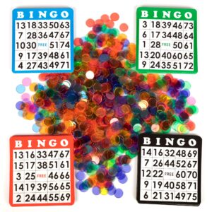 royal bingo card and chips expansion pack for 100 people - 100 playing cards, 1,000 mixed bulk bingo chips translucent colors