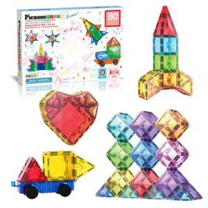 picassotiles 80 pieces magnetic building tiles magnet toys diamond educational playset for stem sensory gifts kid brain development stacking blocks construction set