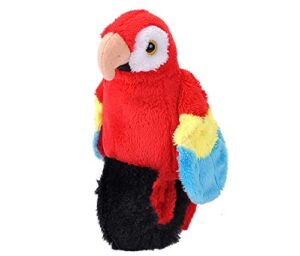 wild republic perching parrot, scarlet macaw, snap bracelet, records and replays, 9 inches, gift for kids, plush toy, fill is spun recycled water bottles