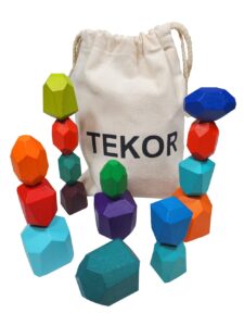 tekor 16 pcs wooden stacking rocks, rainbow balancing stones, natural wooden building blocks, educational preschool learning lightweight montessori toys for toddlers boys girls