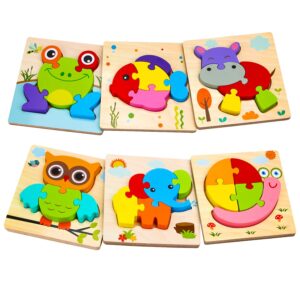 skyfield wooden animal puzzles for 1 2 3 years old boys girls, toddler educational developmental toys gift with 6 animals baby montessori color shapes learning puzzles