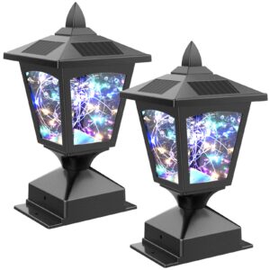 solar post cap light for outdoor,garden black post top light for fence deck,4x4 waterproof colorful led string fairy light modern decorative solar powered light for pathway patio yard landscape,2 pack