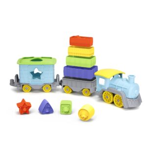 green toys stack & sort train, blue - 12 piece pretend play, motor skills, kids toy vehicle playset. no bpa, phthalates, pvc. dishwasher safe, recycled plastic, made in usa.