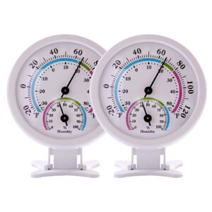 layscopro mini indoor thermometer hygrometer analog 2 in 1 temperature humidity monitor gauge for home, room, outdoor, offices, display mechanical diameter 75mm-2 pack (no battery needed)-white