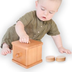 montessori coin box object permanence - wooden coin drop toys for 1 year old - develops spatial awareness & cognitive skills - engaging and educational activity for babies and toddler coins toy