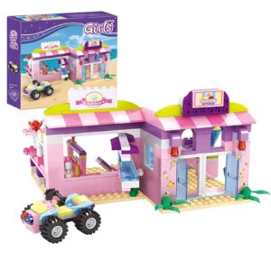 brick story girls friends ice cream shop building set pink beach ice cream dessert store building blocks toys with beach buggy friends beach vacation playset for kids 6-12, 317 pieces