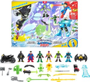 dc super friends imaginext dc super friends advent calendar, 24 mystery toys including figures, accessories and a vehicle for preschool kids