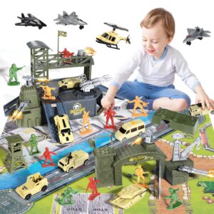 love life 62 pieces military base set army men toy mini action figures playset with vehicles,soldiers and play map birthday gifts for 3 4 5 6 7 8 year old boys girls kids