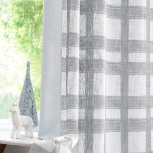 central park white grey plaid blackout window curtain linen buffalo check geometric panel 84" long for bedroom living room grommets top rustic farmhouse room darkening thermal insulated drape, 1 pc