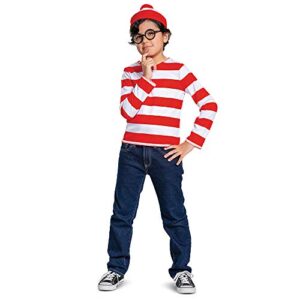 wheres waldo halloween costume, official waldo costume set with shirt and cap with glasses outfit, classic child size extra small (3t-4t) multicolored