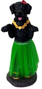 dashboard hula dog black labrador retriever car bobblehead figurine 6 inches green grass skirt hawaiian lei desk mantle