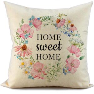 fiberomance spring pillow cover 18x18 flower pillow home sweet home spring floral garden wreath farmhouse décor throw pillow covers pillow case for sofa couch home decoration