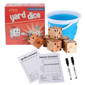 giant wooden yard dice set for lawn games, play lawnzee or yardkle, includes dice, collapsible bucket, reusable scorecards and dry erase markers