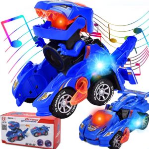 transforming dinosaur toys,transformer toys for kids car for boys age 3-5 dino car dinotrux toys for kids with led light & music automatic transform for kids toddlers birthday gifts(blue)