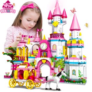 hogokids girls castle princess building toys - girl dream house 5-in-1 pink castle & carriage playsets stem building blocks set fantasy gifts for kids age 6 7 8 9 10 11 12 years old (998 pcs)