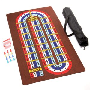 tabletop cribbage - giant spill-resistant neoprene track game board (22" x 40") with 9 pawns, deck of cards, & travel carry bag - classic family board game night & bar games - 2-4 players, 30+ mins