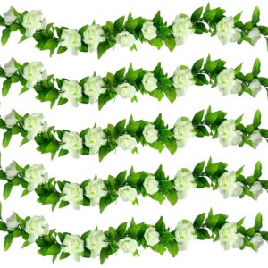 ashiner 5 pack 37.5 ft artificial white flower garlands fake rose vines fall decor faux floral wall hanging plants for wedding arch garden home party