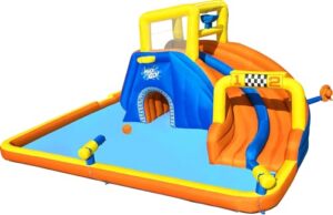 bestway h2ogo! 18 x 16.5 x 8.7 foot super double racing super speedway kids inflatable water park with air blower, ground stakes, and storage bag