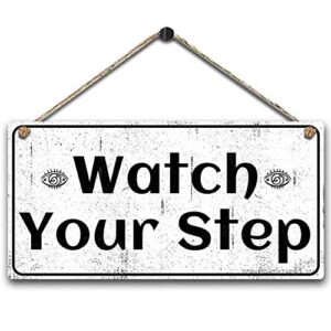 watch your step 12.5x25 cm retro look wood decoration art hanging sign for home kitchen bathroom farm garden garage inspirational quotes wall decor