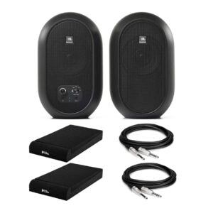 jbl 104-bt compact desktop reference bluetooth monitors (pair) bundle with isolation pads and hosa hss-005 1/4-inch trs cables (4 items)