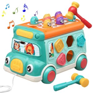 cute stone push pull bus toy, baby musical learning toys with sound & light, whack-a-mole game, shape matching, gear, toy clock, activity bus toy early education gift for toddler boys girls