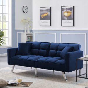 olela sleeper sofa bed modern tuft futon couch convertible loveseat sleeper reclining sofa bed twin size with arms and 2 pillows for living room, navy blue