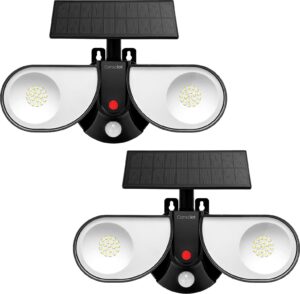 consciot solar lights outdoor, ultra bright motion sensor solar security light 1000lm, 40 led wall flood light with adjustable dual heads, ip67 waterproof for garage patio garden, cool white, 2 pack (oc-wl-001a)